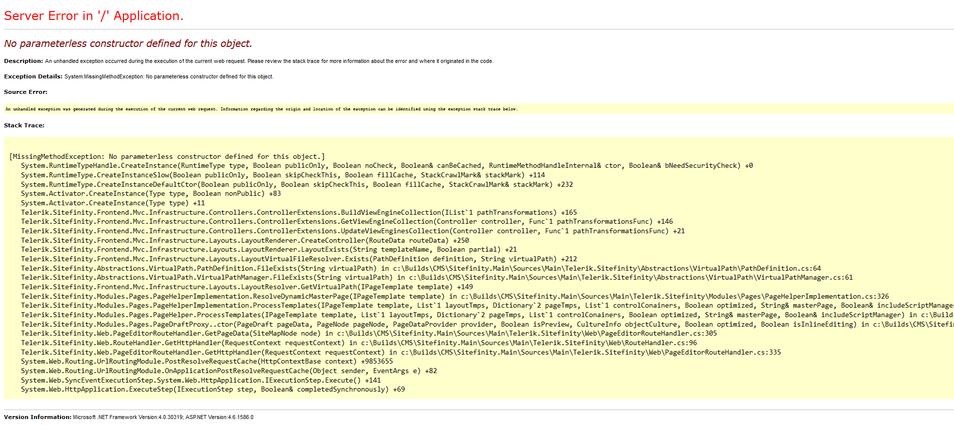 Solution for this Sitefinity Feather Error: No parameterless constructor defined for this object.